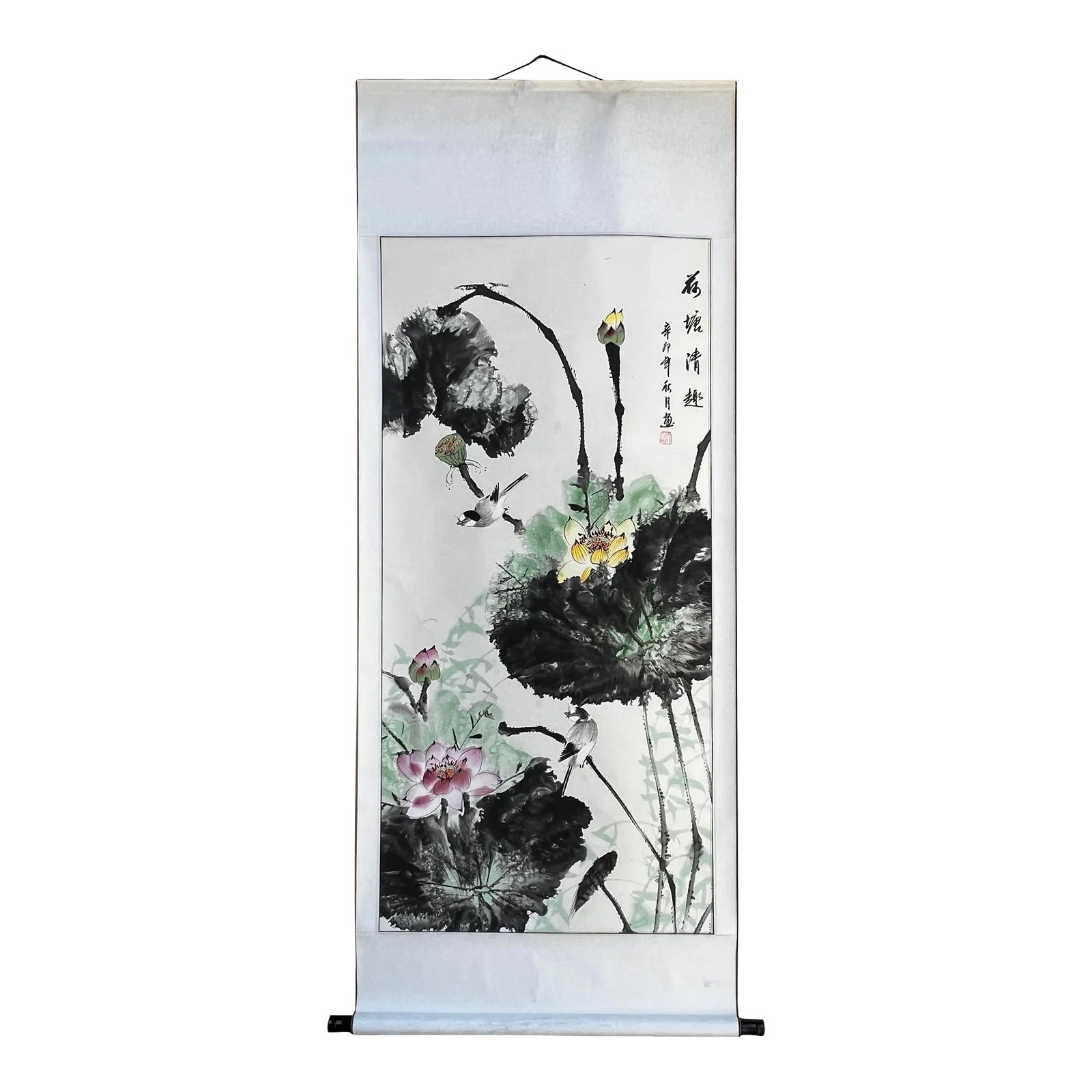 Chinese Color Ink Water Lotus Flowers Leaves Scroll Painting Wall Art ...
