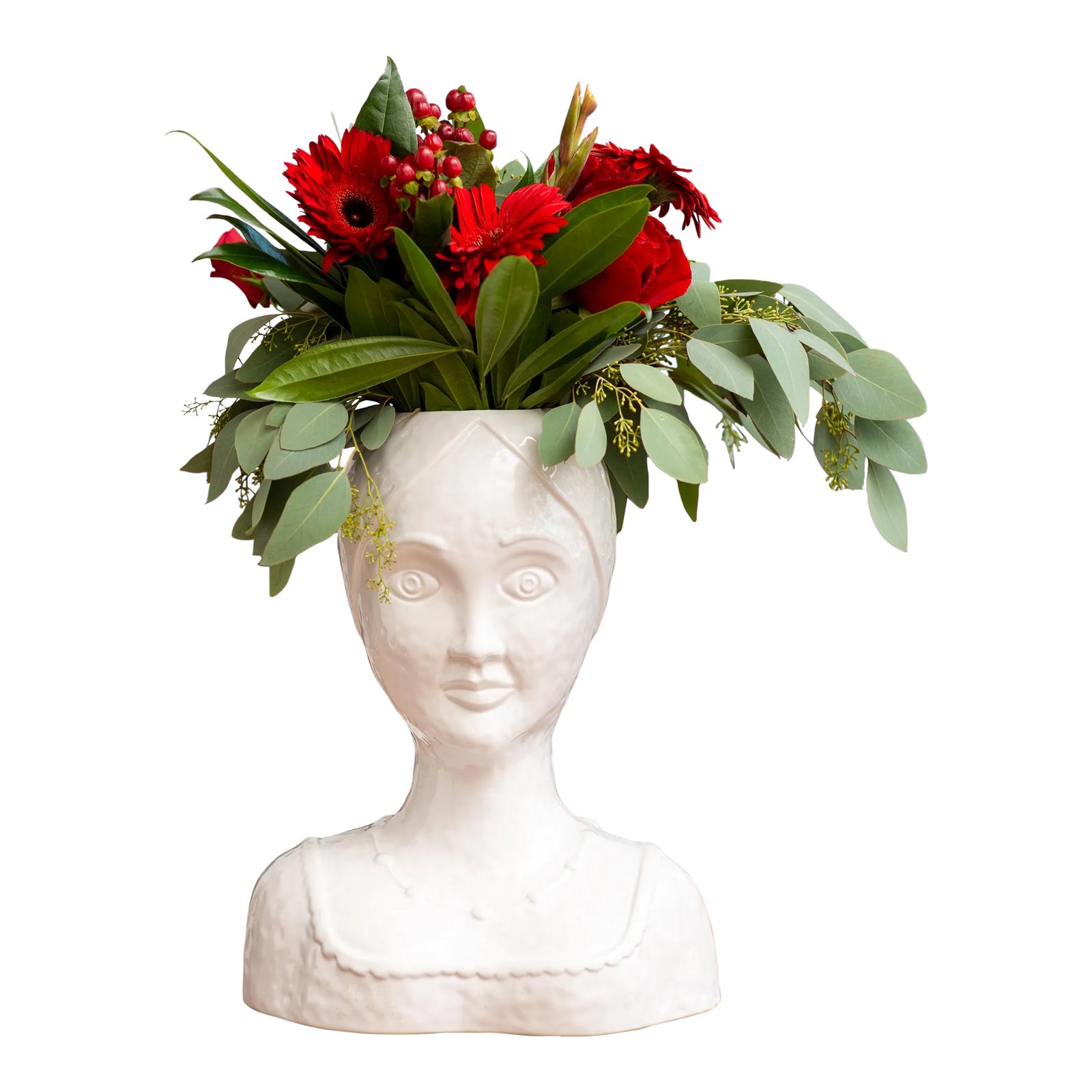Vase, Female Head, White Glazed Ceramic | Chairish