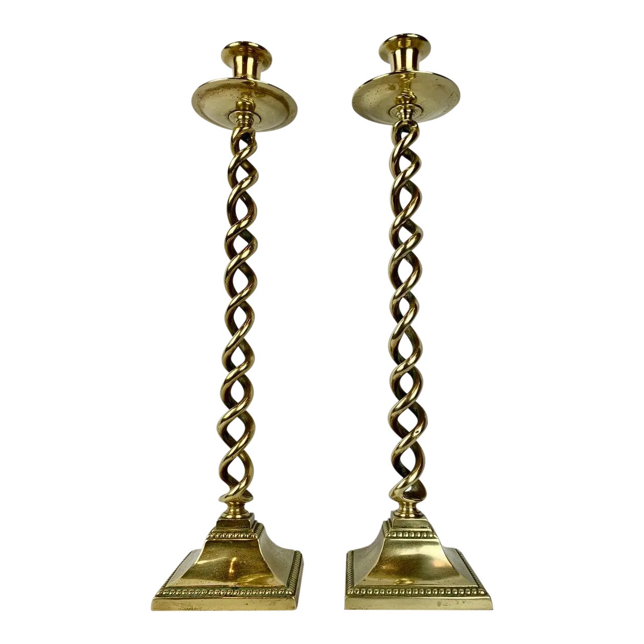 Pair of Nineteenth Century English Brass Open Barley Twist Candlesticks ...