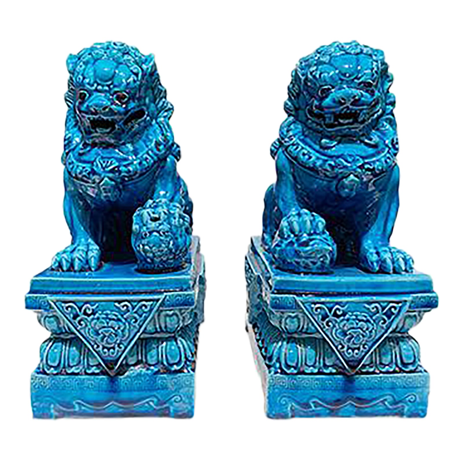 Asian 1990s Blue Fu Dog- a Pair | Chairish