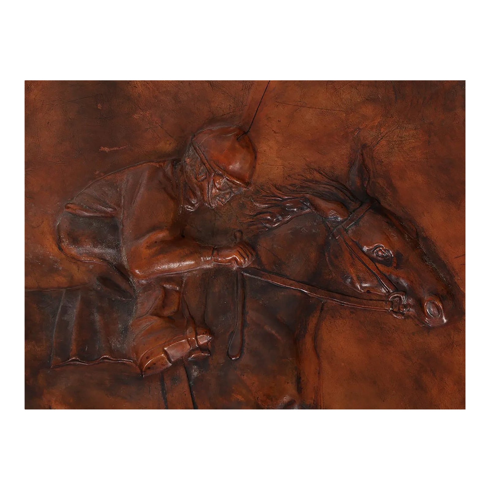 Huge Antique Equestrian Horse Racing Leather Frieze Picture | Chairish