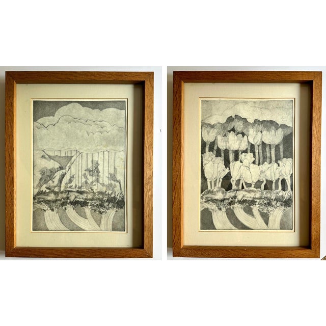 Vintage Oak Wood Framed Diptychs Original Prints of Etchings Depicting ...