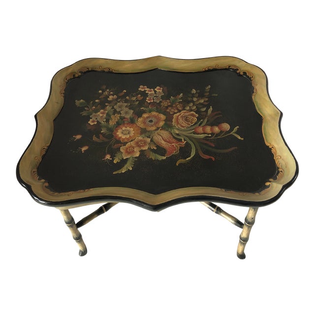 Vintage Hand Painted Floral Wood Tray Table | Chairish