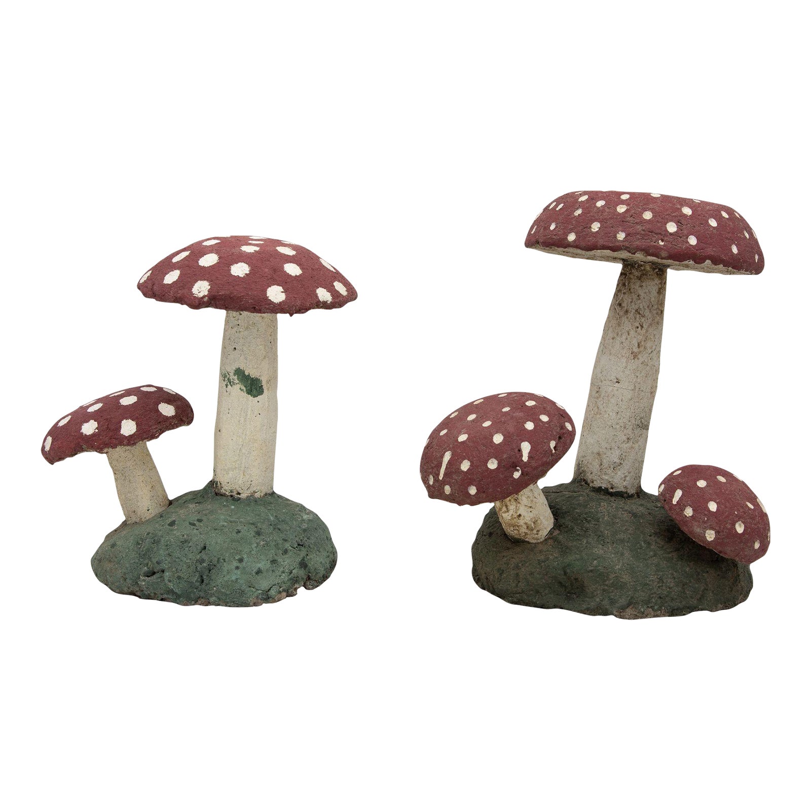 Pair Vintage Painted Stone Toadstool Mushrooms With Red Caps | Chairish