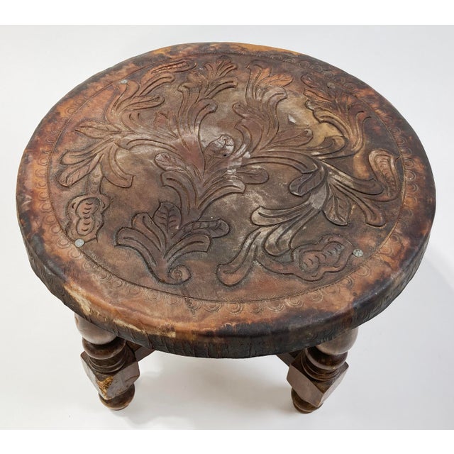 Tooled Leather Turned Wood Stool | Chairish