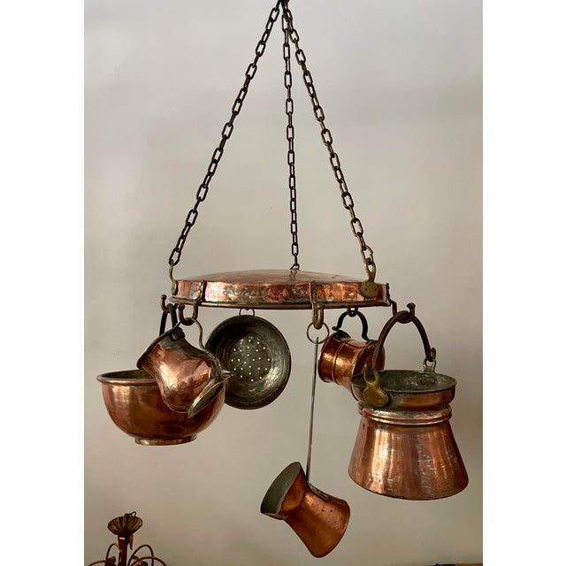 Hanging Copper Pot Rack With 6 Kitchen Copper Accessories | Chairish