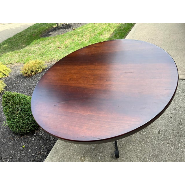 Arhaus Wood Round Dining Table Arabesque Wrought Iron Base | Chairish