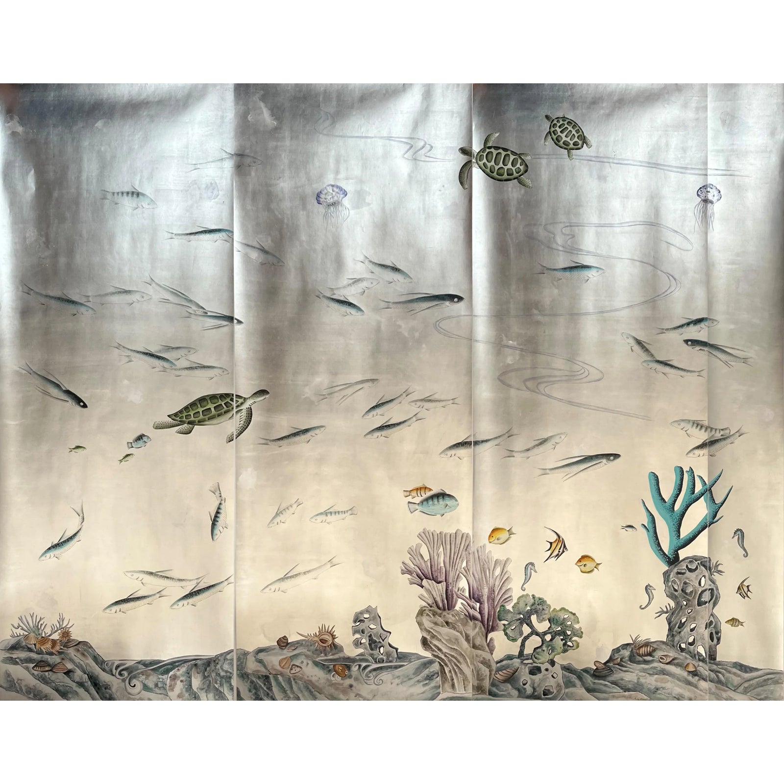 Hand Painted Coral Fish Wallpaper on Antiqued Silver Metallic Panel ...