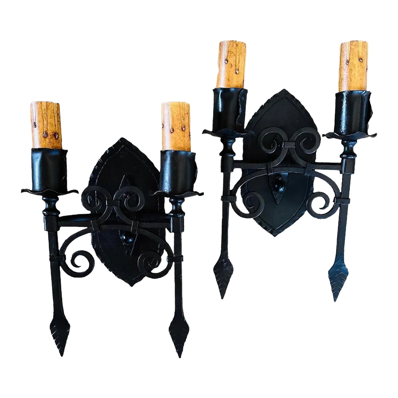 Pair Wrought Iron, Tooled and Banded, Spanish Wall Sconces, Circa 1920 ...