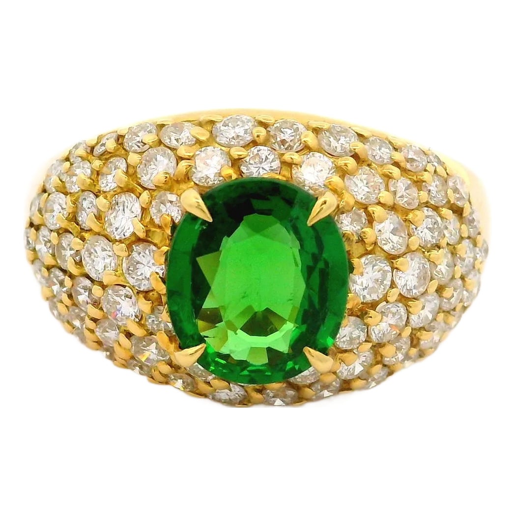 1.68 Carat Tsavorite Pave Diamond 18k Yellow Gold Ring, Size 7 | Chairish