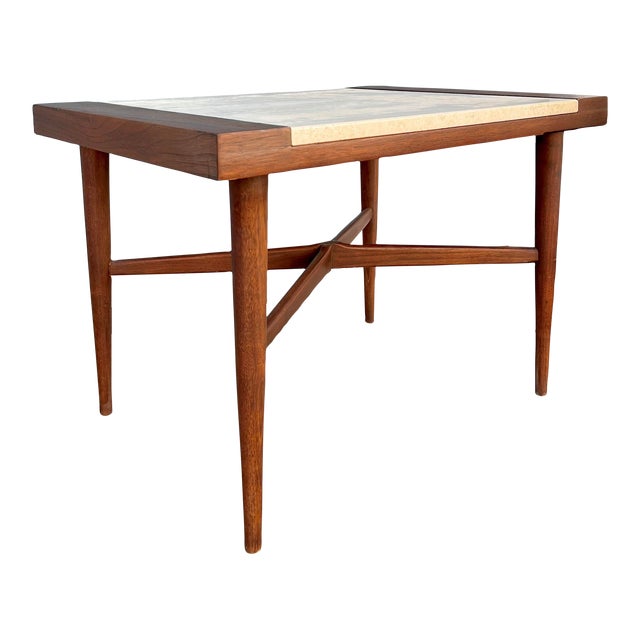 Italian Style Walnut and Travertine Stone Inset Side Table With Crossed ...