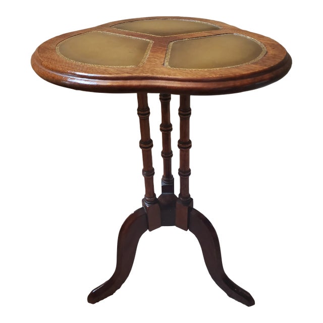 Mid 20th Century Vintage Cloverleaf Leather Top Side Table | Chairish