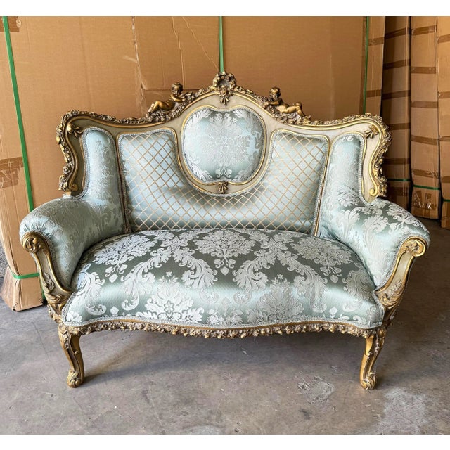 French Rococo Style Sofa Sky Blue Color and Gold Leaf Details | Chairish