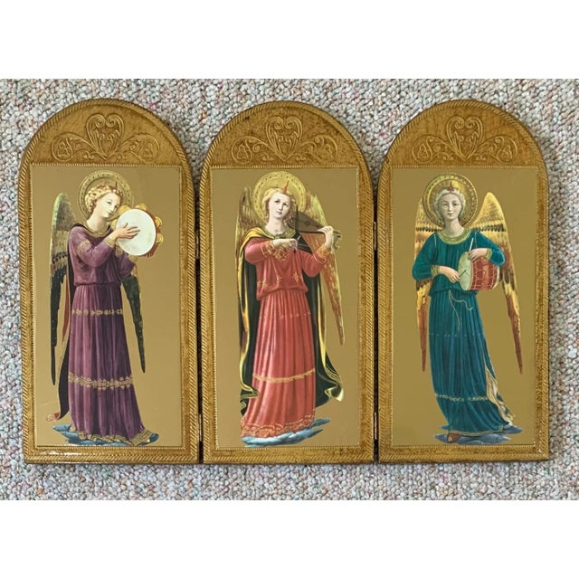 Late 20th Century Vintage 3-Panel Wood Screen of Hand Painted Angels ...