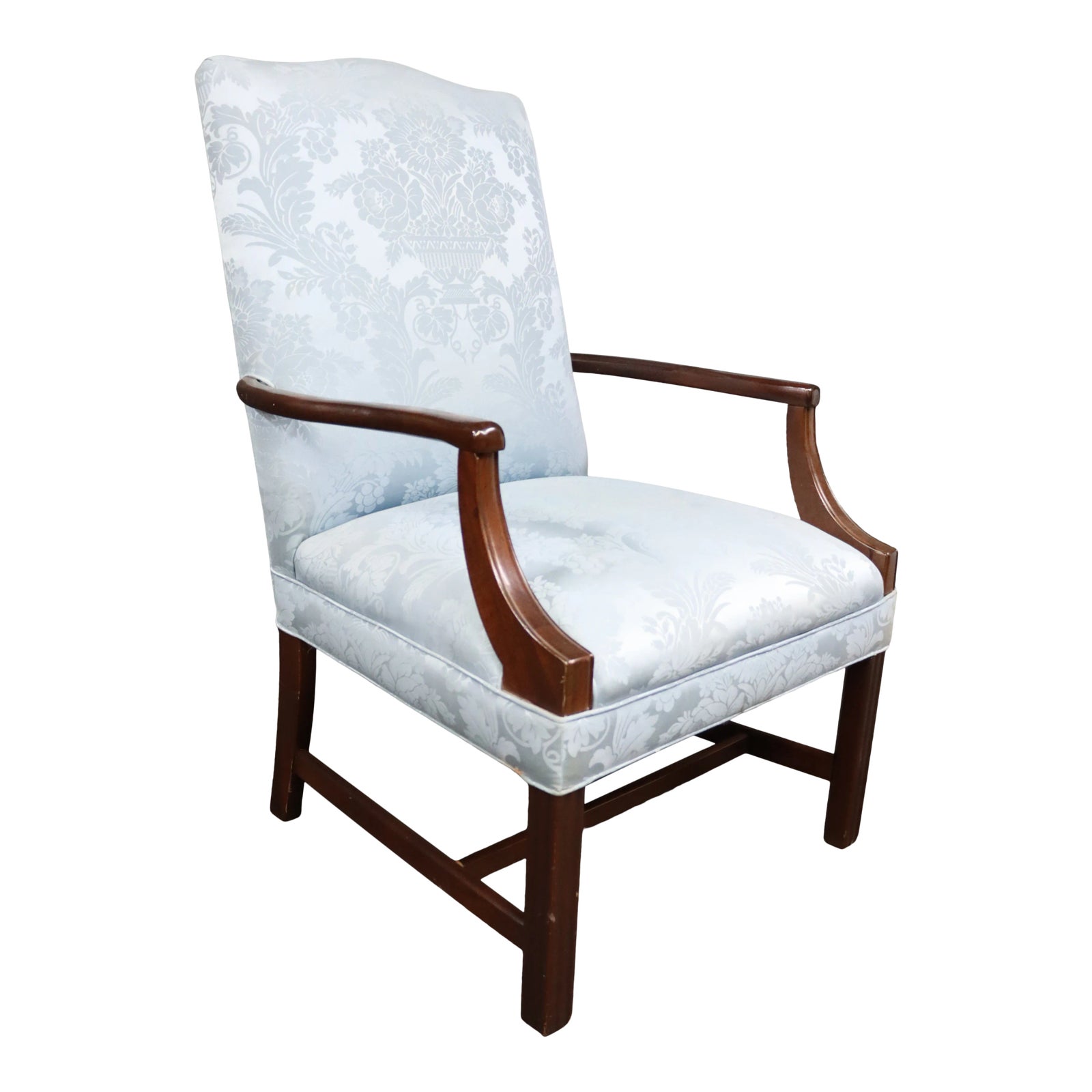Chippendale Style Mahogany Blue Damask Library Chair | Chairish
