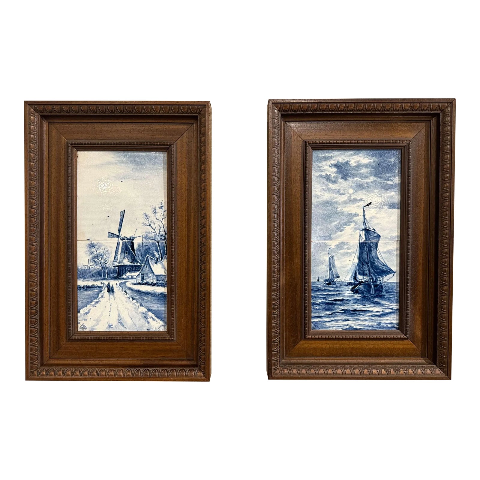 Early 20th Century Blue and White Painted Faience Delft Tiles in Walnut ...