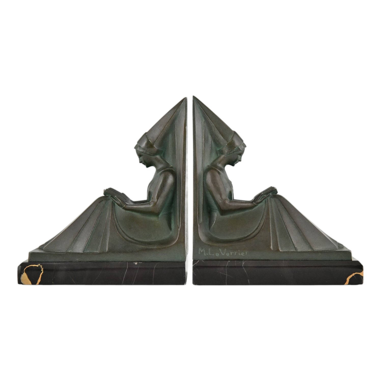 Art Deco Bookends with Reading Medieval Ladies by Max Le Verrier, 1930s ...