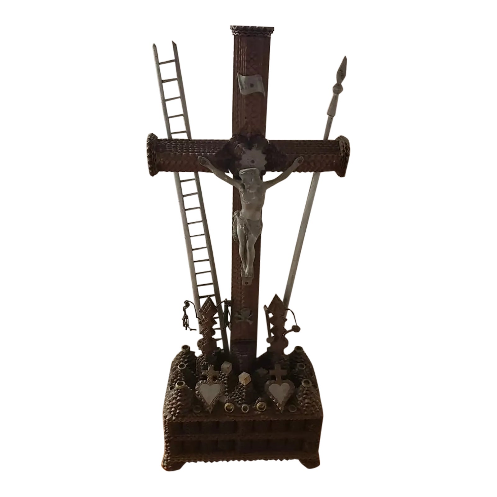 Circa 1940 French Tramp Art Standing Crucifix, Jesus Christ | Chairish
