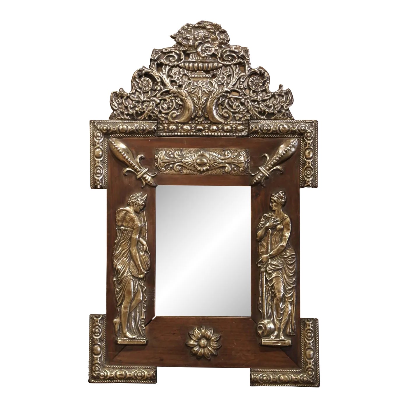 19th Century French Napoleon III Repousse Brass and Pine Wall Mirror ...