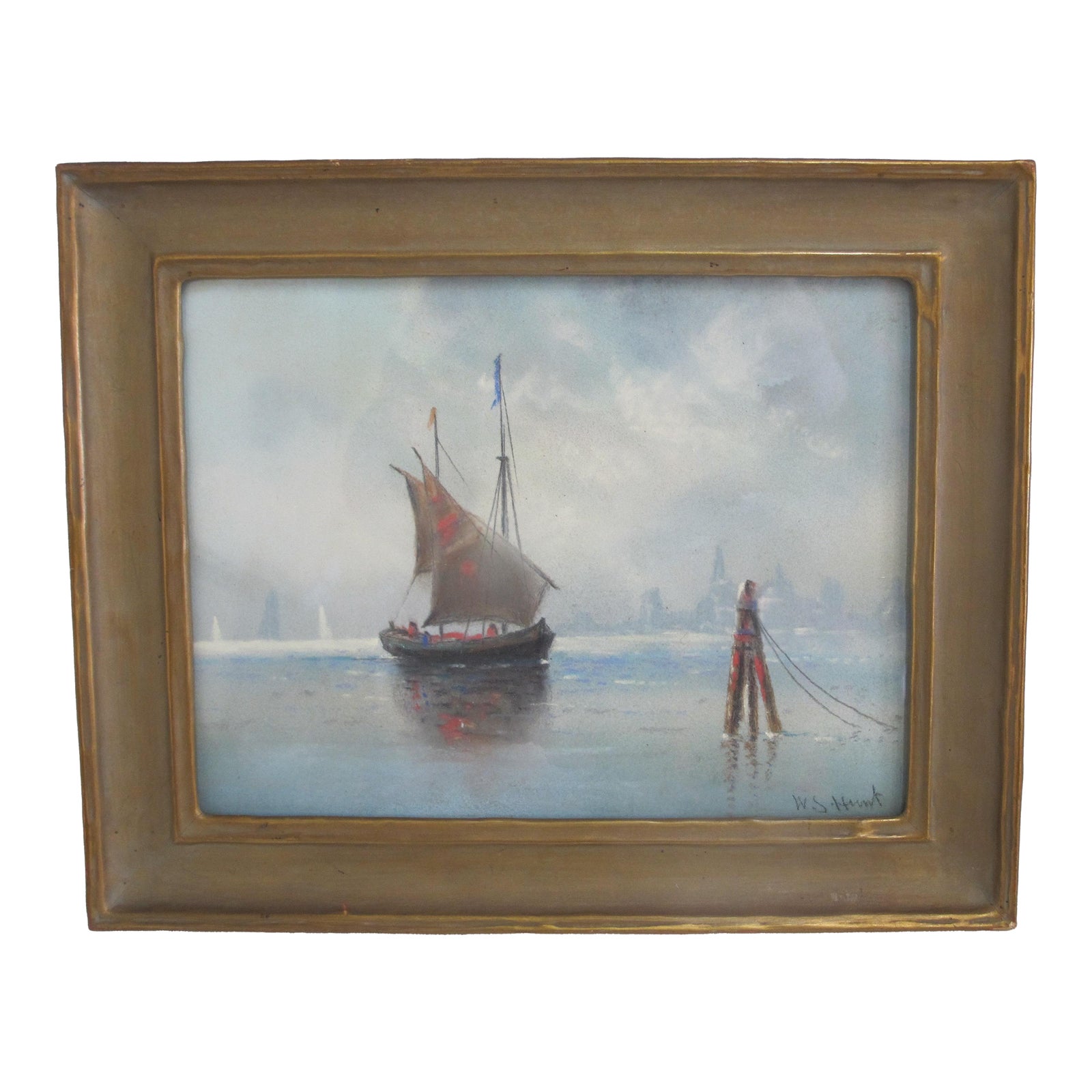 Small Antique Walter Simmons Hunt Sailboat Cityscape Watercolor Pastel ...