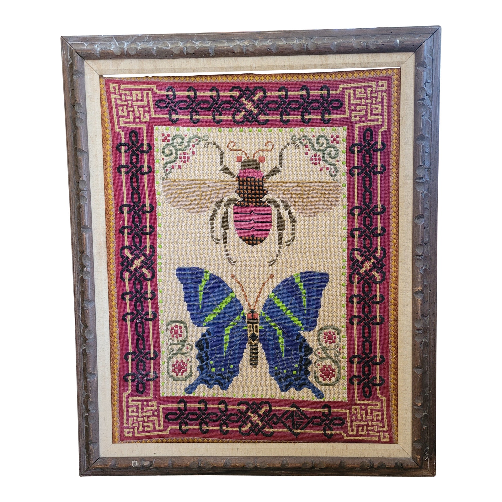 Vintage 1940s Needlepoint Butterfly & Bee | Chairish