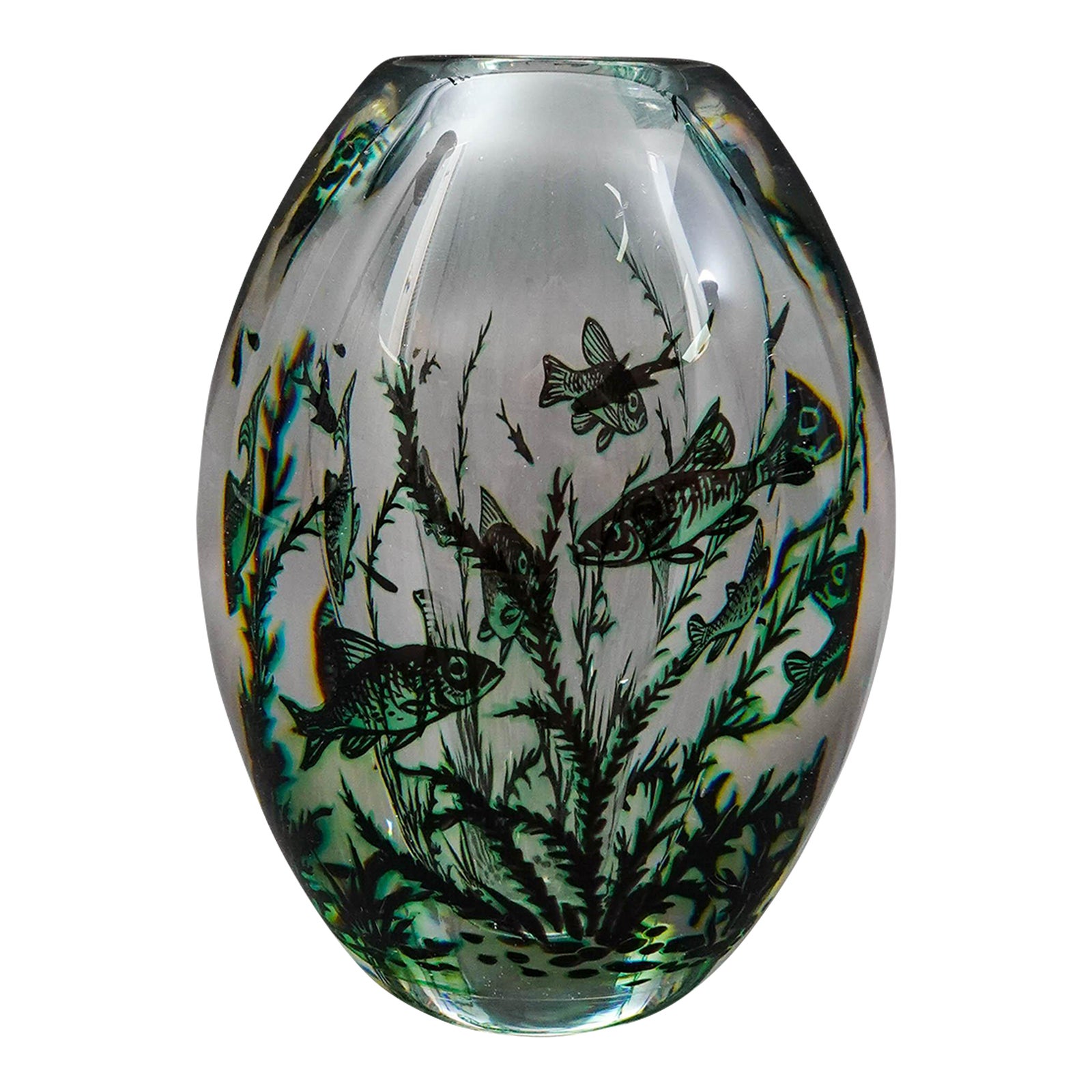 Edward Hald Orrefors 1948 "Graal" Fish Art Glass Vase Sweden, 1883 ...
