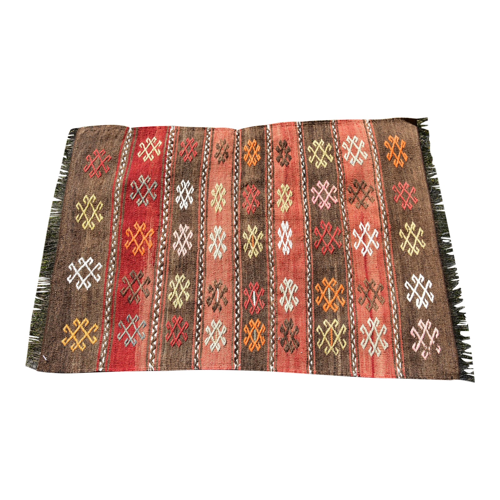 1980s Tribal Red Brown Striped Kelim Rug | Chairish
