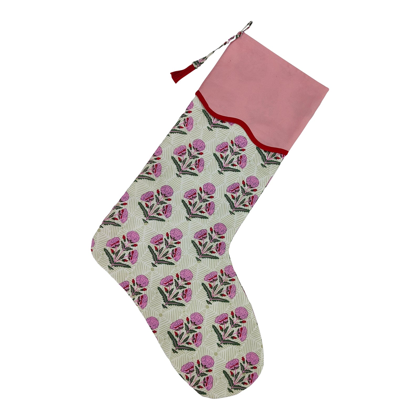 Handmade Light Pink Poppy Block Print Christmas Stocking with Burgundy ...