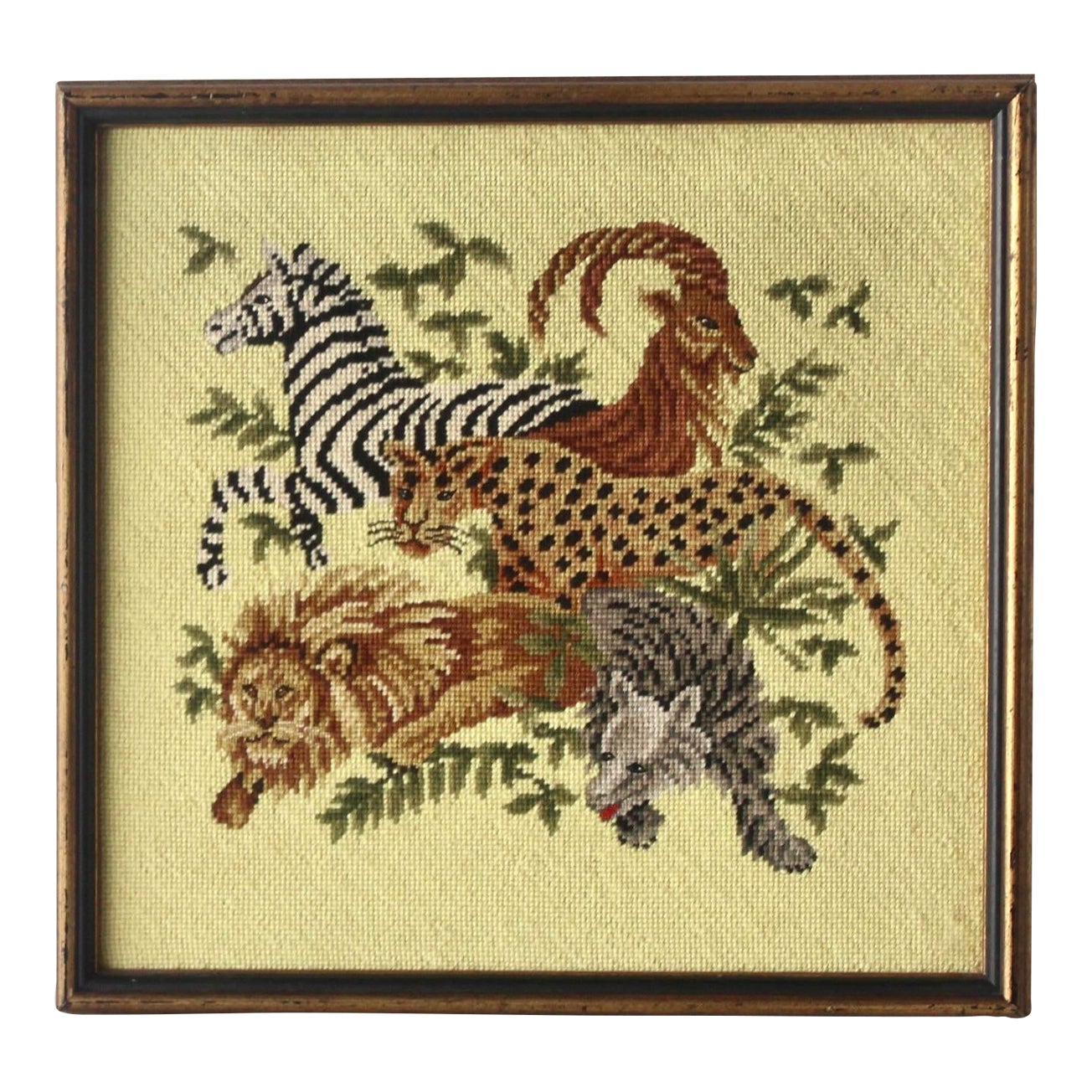 1970's Vintage Large Lion Cheetah Ram Zebra Wolf Framed Needlepoint ...