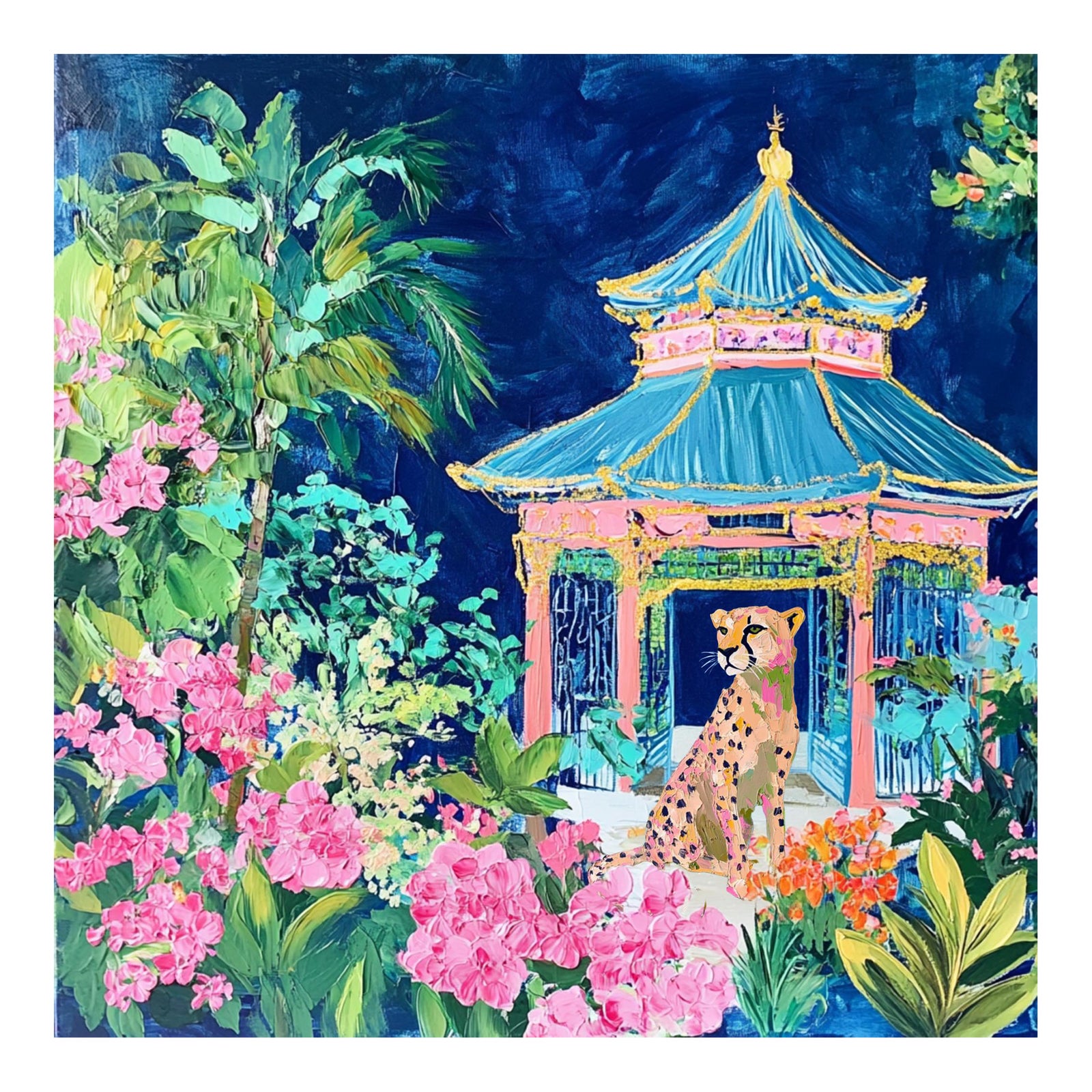 Large Grandmillennial Art Print of Cheetah in Chinoiserie Garden | Chairish