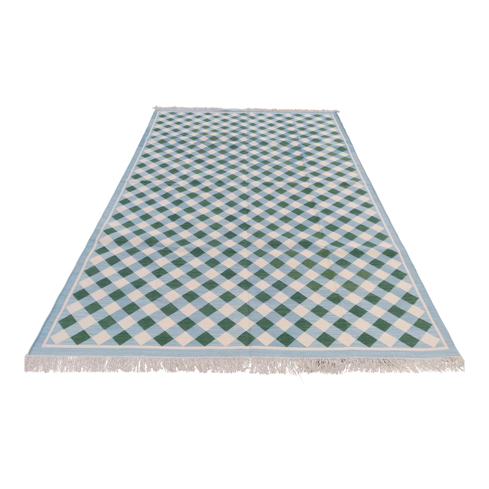 Handmade Cotton Vegetable Dyed Checked Gingham Rug in Sky Blue With ...