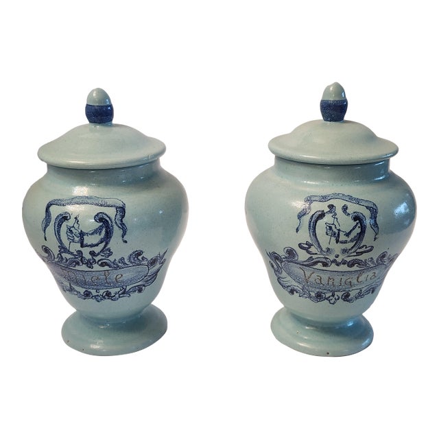 1920s Pair of French Aqua Blue Stoneware Canisters | Chairish