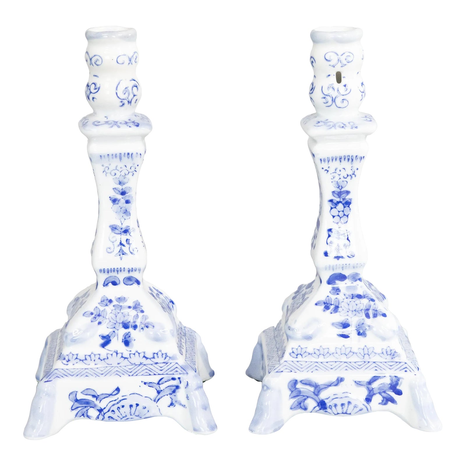 Vintage Delft Style Floral Candlesticks - a Pair | Chairish