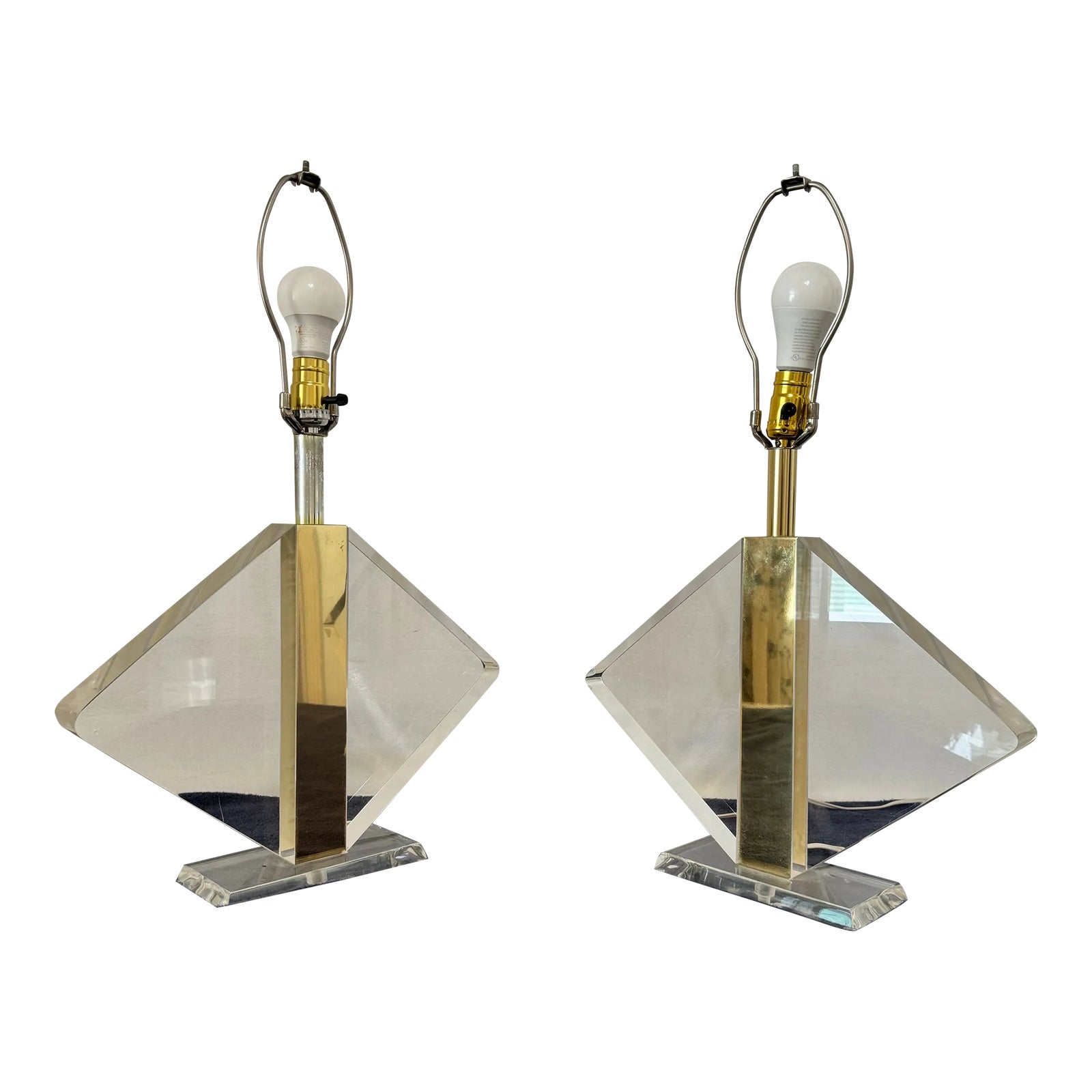 Pair of Diamond Shape, Thick Clear Lucite With Lucite Base in ...