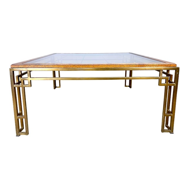 Mid Century Asian Inspired Brass Wood and Glass Square Coffee Table Tables