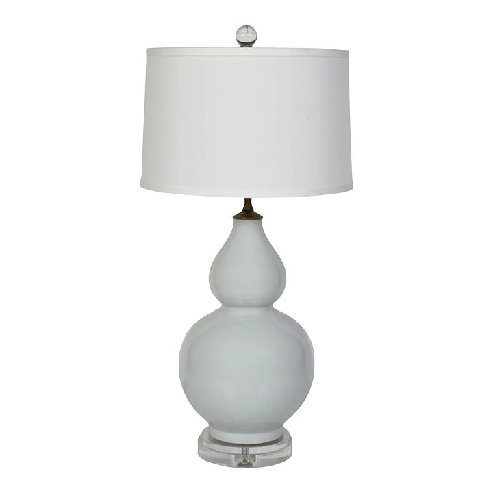 A Pair of Double Gourd Gray Ceramic Lamps on Lucite Base | Chairish