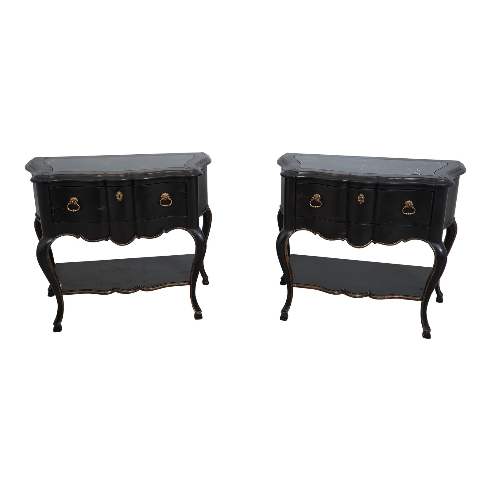 Pair Marge Carson Marble Top Distressed Nightstand Commodes | Chairish