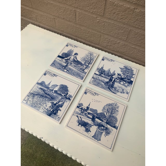 Vintage Dutch Delft Handmade Blue and White Tiles Depicting the Four ...