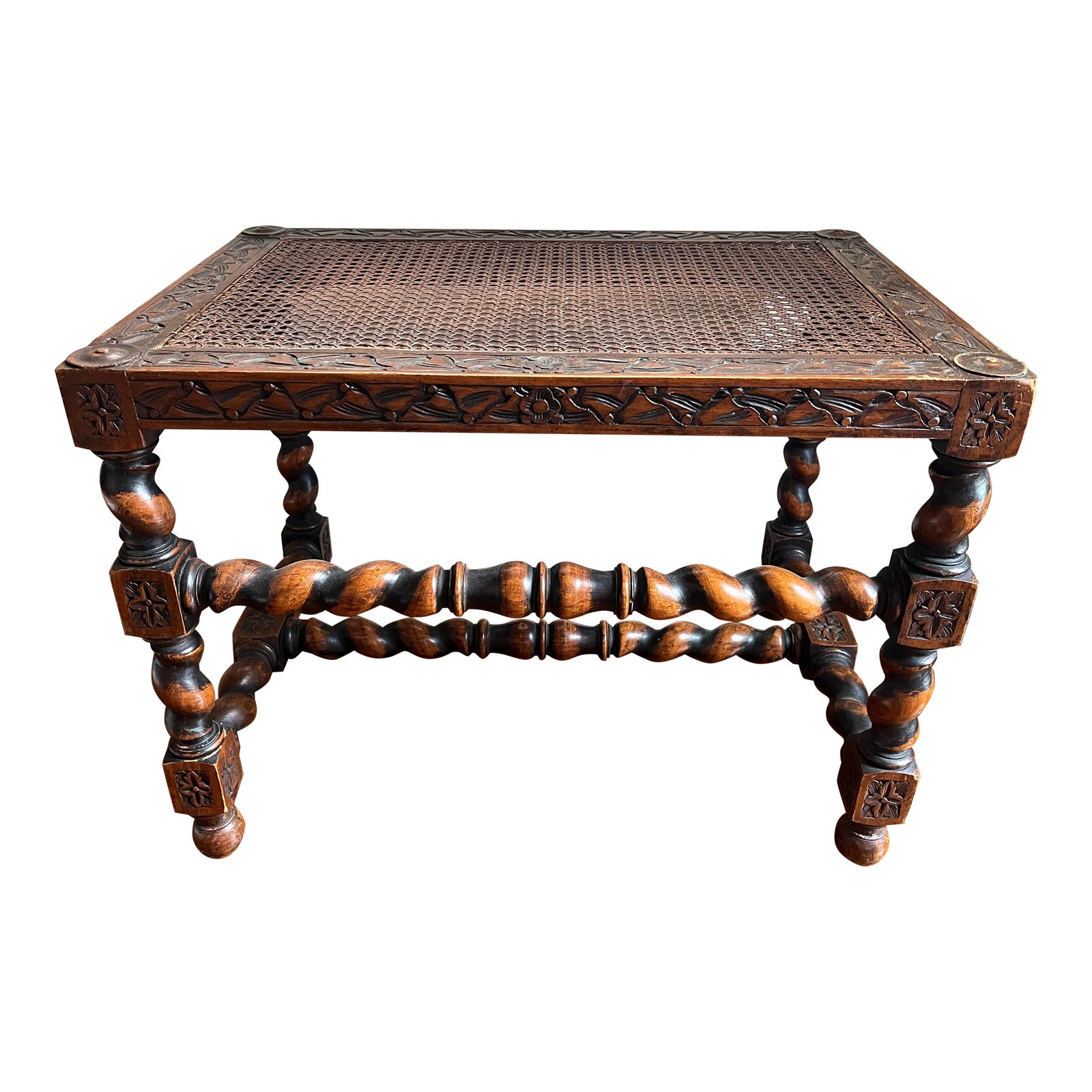 Antique English Oak Barley Twist Bench With Caning C.1920 | Chairish