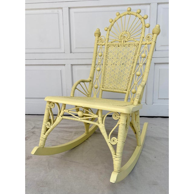 Early 20th C. Meringue Yellow Wicker Rattan Rocker | Chairish