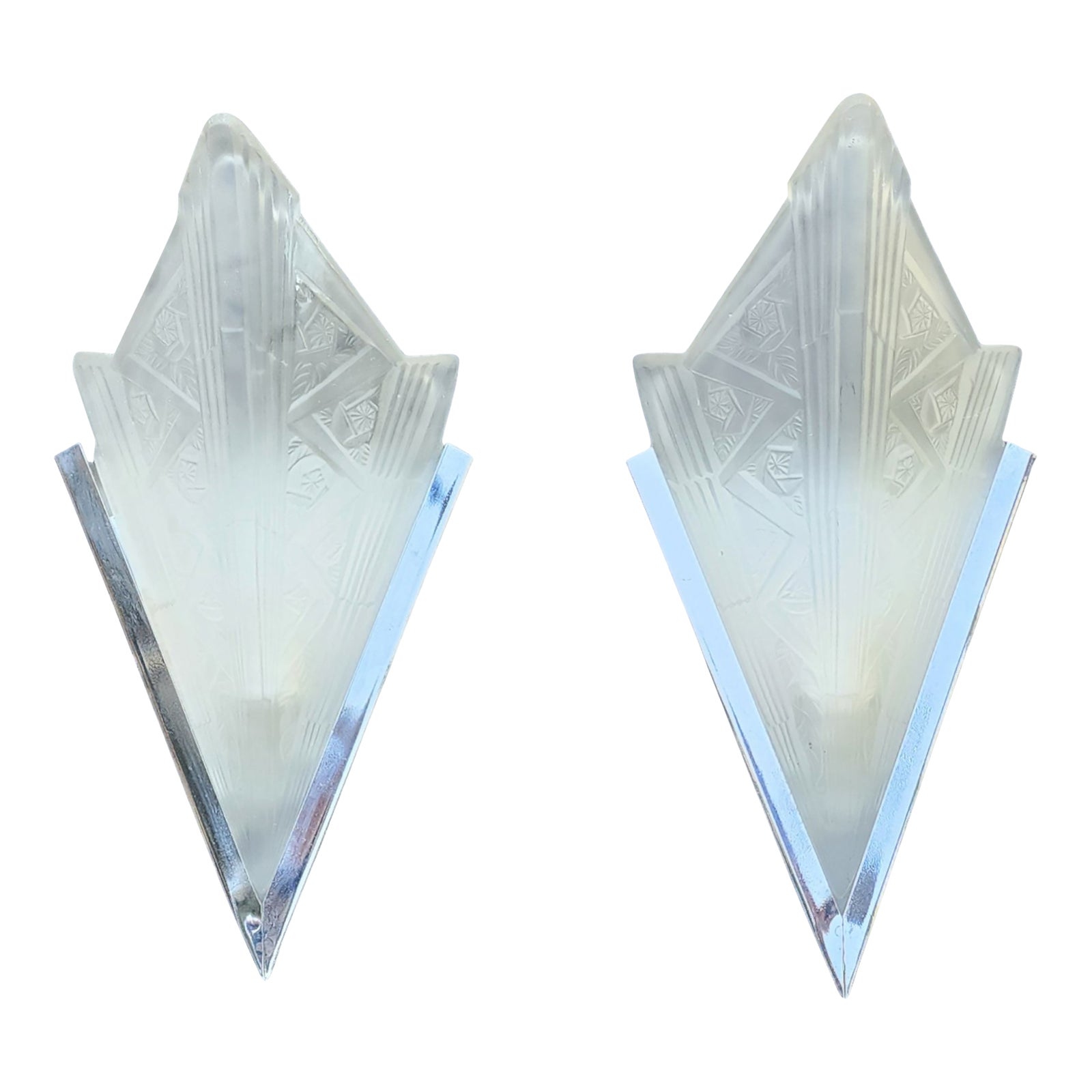 Vintage 1980s Art Deco Revival Chrome and Frosted Glass Angular Uplight ...