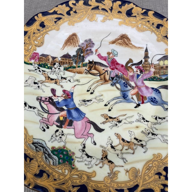 Vintage Cobalt Blue and Gold Gilt Fox Hunting Porcelain Plate | Chairish