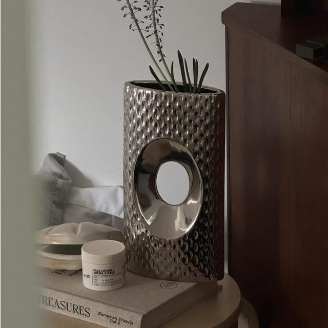 Silver Droplet Textured Hollow Ceramic Vase | Chairish