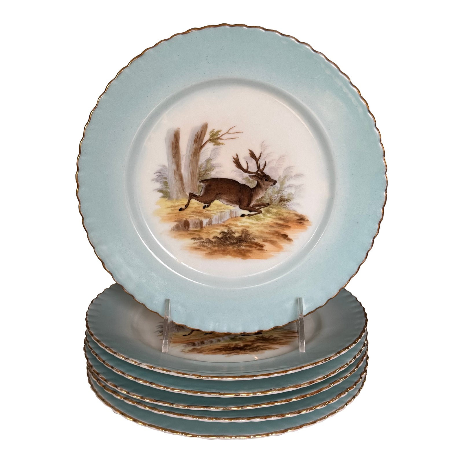 Mid-Century Victoria Pottery Stag Motif Hand Painted Salad Plates - Set ...