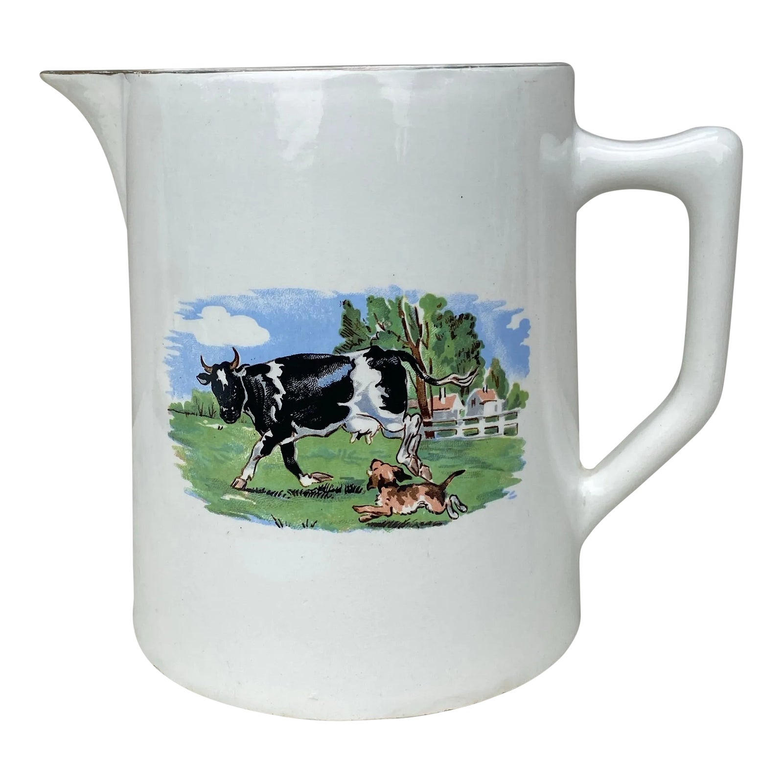 French Faience Pitcher Cow Sarreguemines Circa 1930 | Chairish