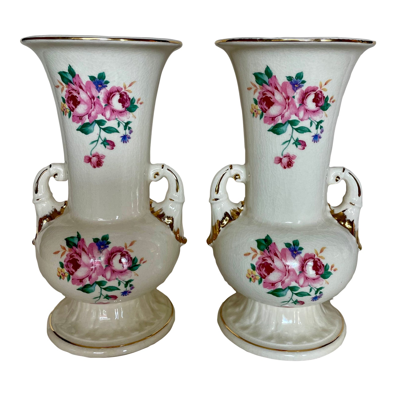 Vintage 1940s Porcelain Rose Urn Vases - Pair | Chairish