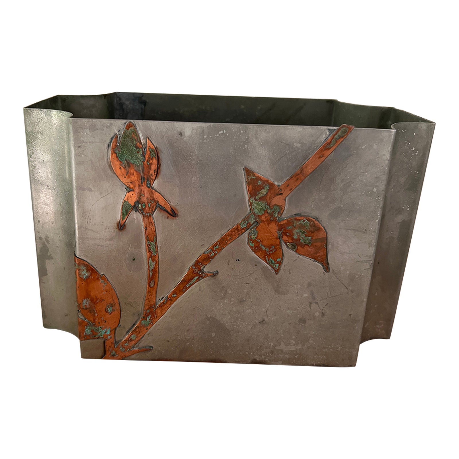 Vintage Hand Made Mixed Metal Pewter and Copper Cachepot Planter | Chairish