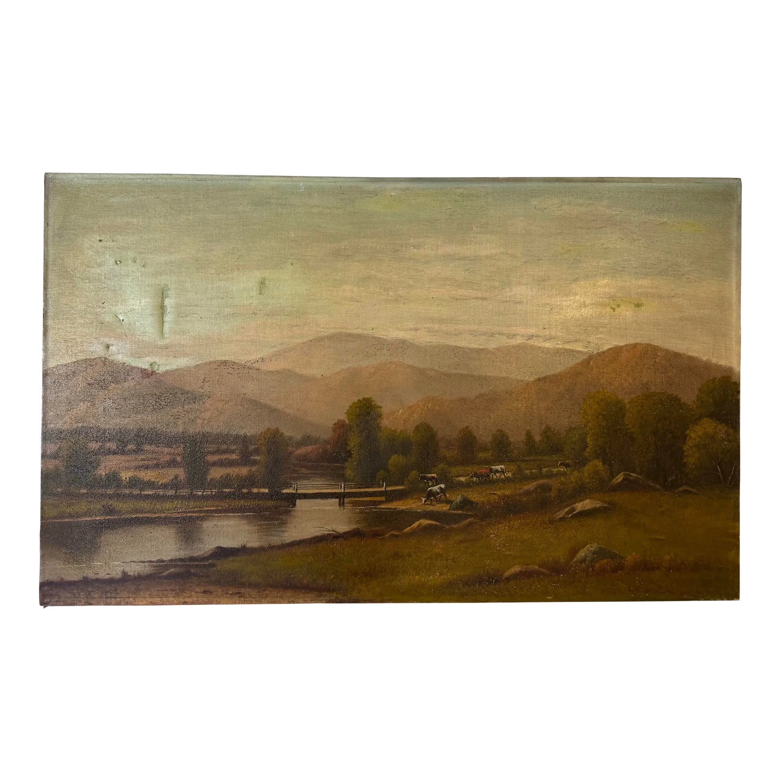 Large 19th Century American Pastoral Landscape Painting - White ...
