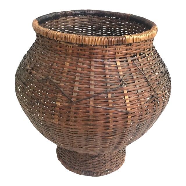 Vintage Natural Woven Bamboo Rattan Wicker Planter Basket | Chairish