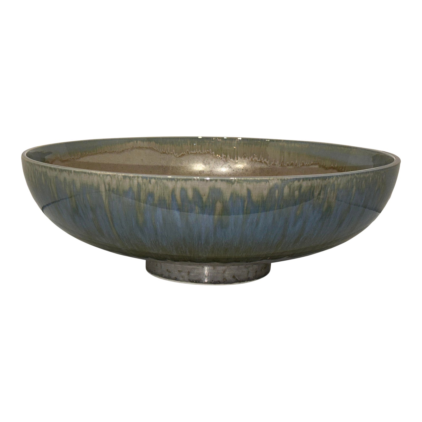 Hand-Thrown Studio Pottery Centerpiece Bowl With Blue-Green Drip Glaze ...